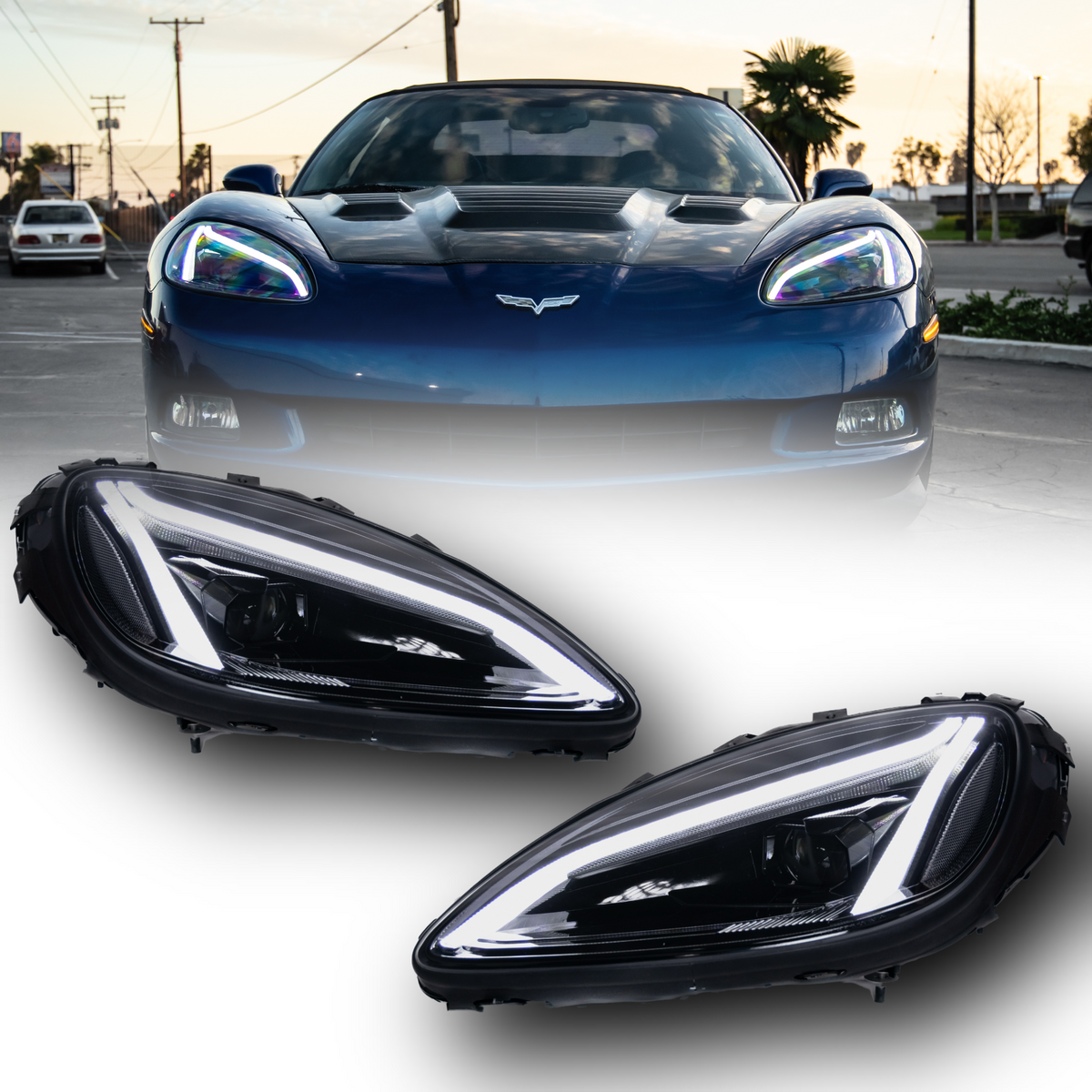 2005-2013 Corvette C6 Projector LED Headlights C8 Style Amber Sequenti ...